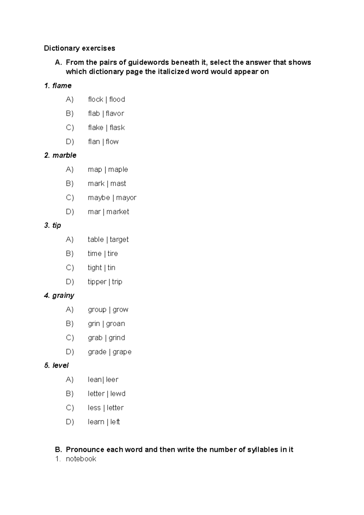 Dictionary exercises - From the pairs of guidewords beneath it, select ...