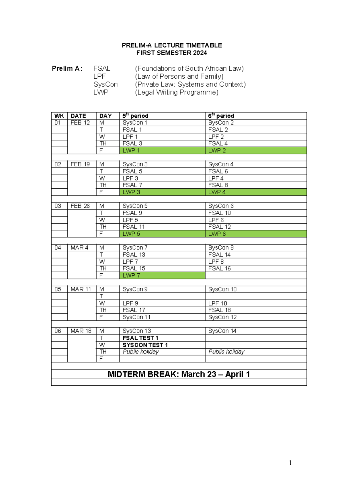 Prelim A Lecture timetable 2024 Final - PRELIM-A LECTURE TIMETABLE Prelim A: FSAL (Foundations ...