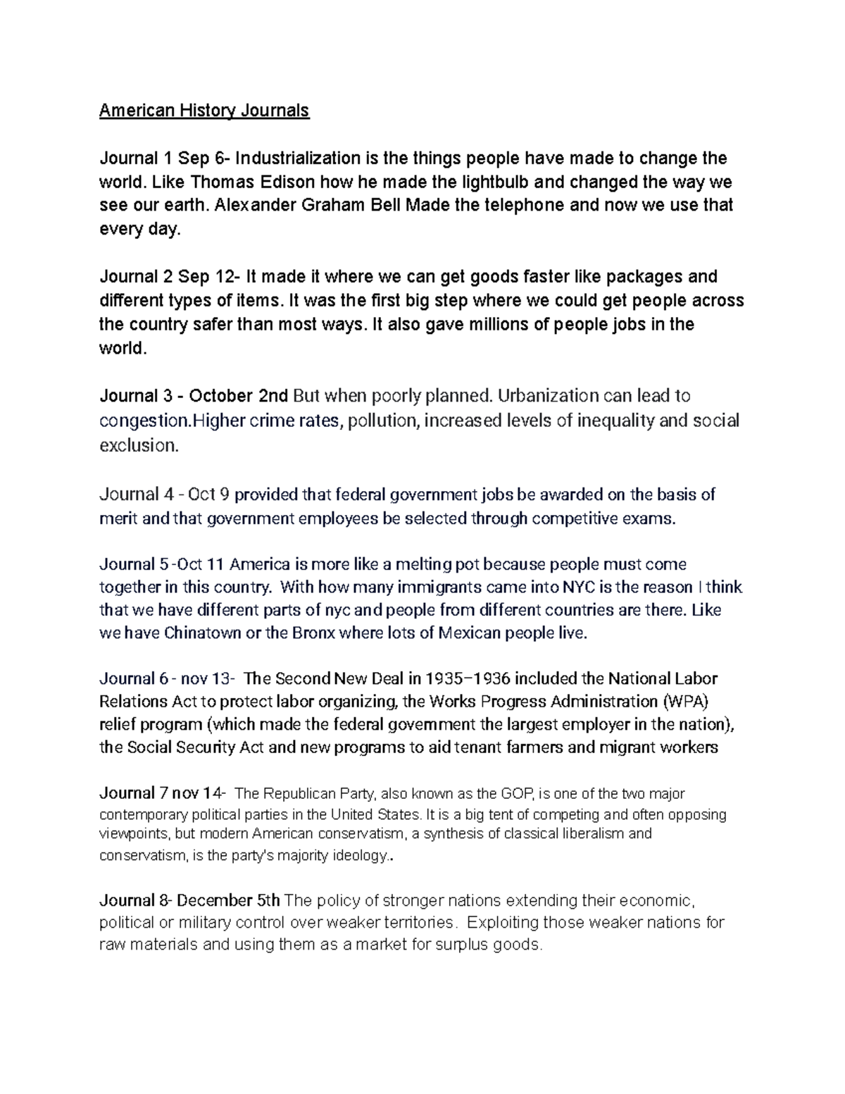 American History Journals - American History Journals Journal 1 Sep 6 ...