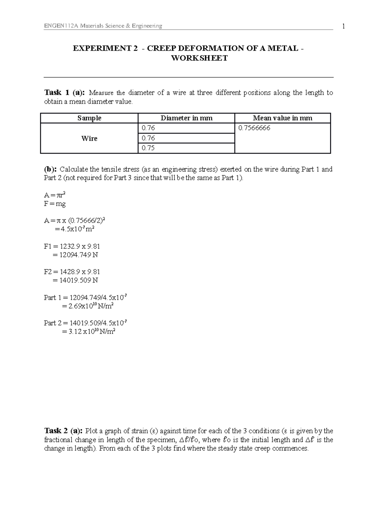 Experiment 2 - Creep Deformation OF A Metal - Worksheet - EXPERIMENT 2 ...