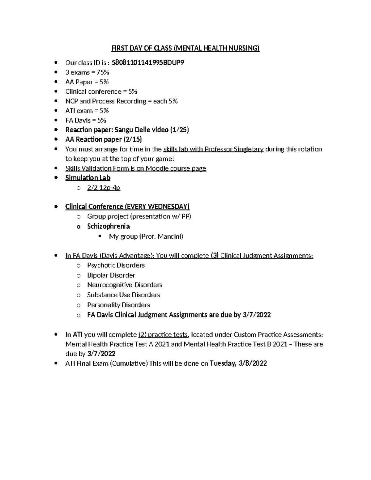First DAY OF Class - Notes for Mental Health course - FIRST DAY OF ...