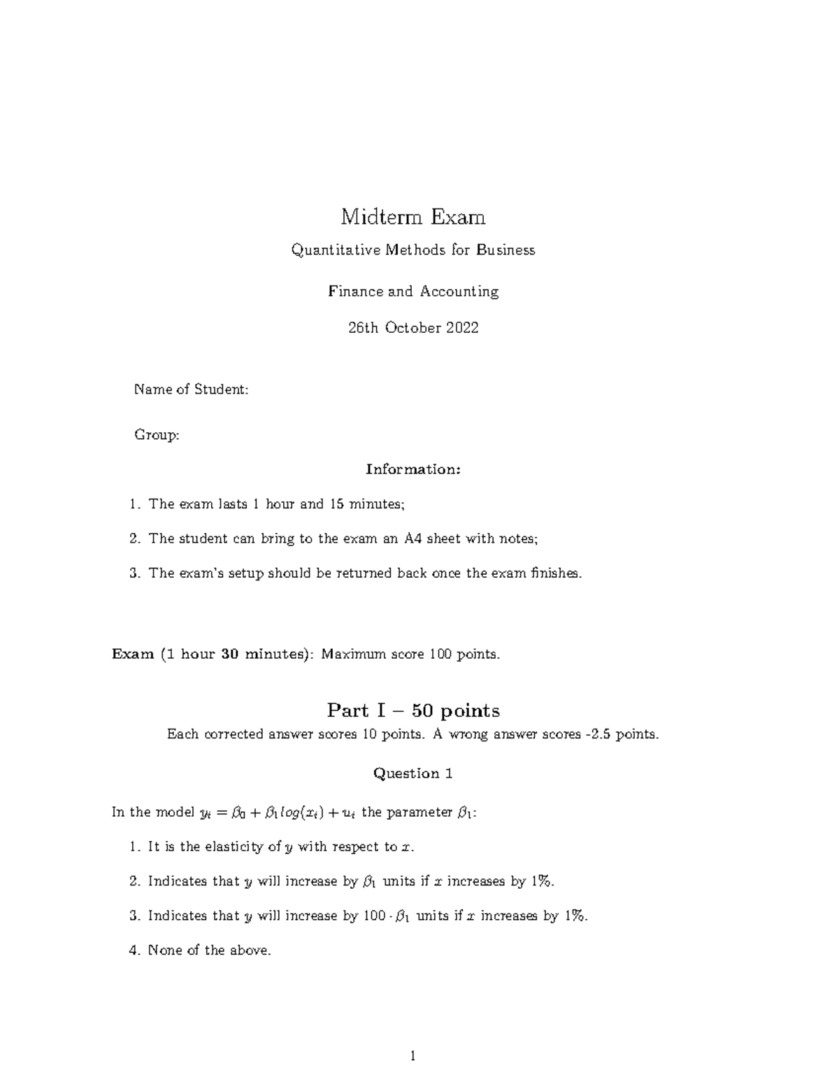 Exam midterm 2022 - Midterm Exam Quantitative Methods for Business Finance and Accounting 26th ...