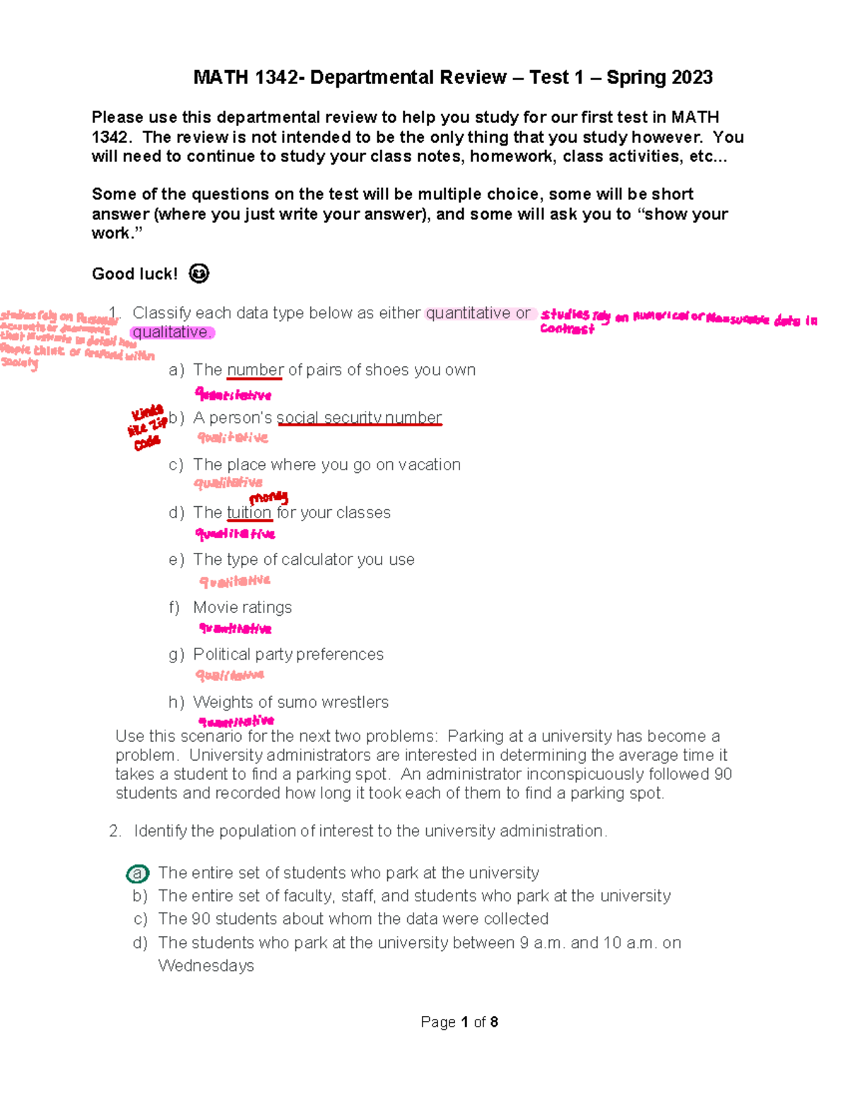 Elementary To Statistics (11) - Page 1 of 8 MATH 1342- Departmental ...