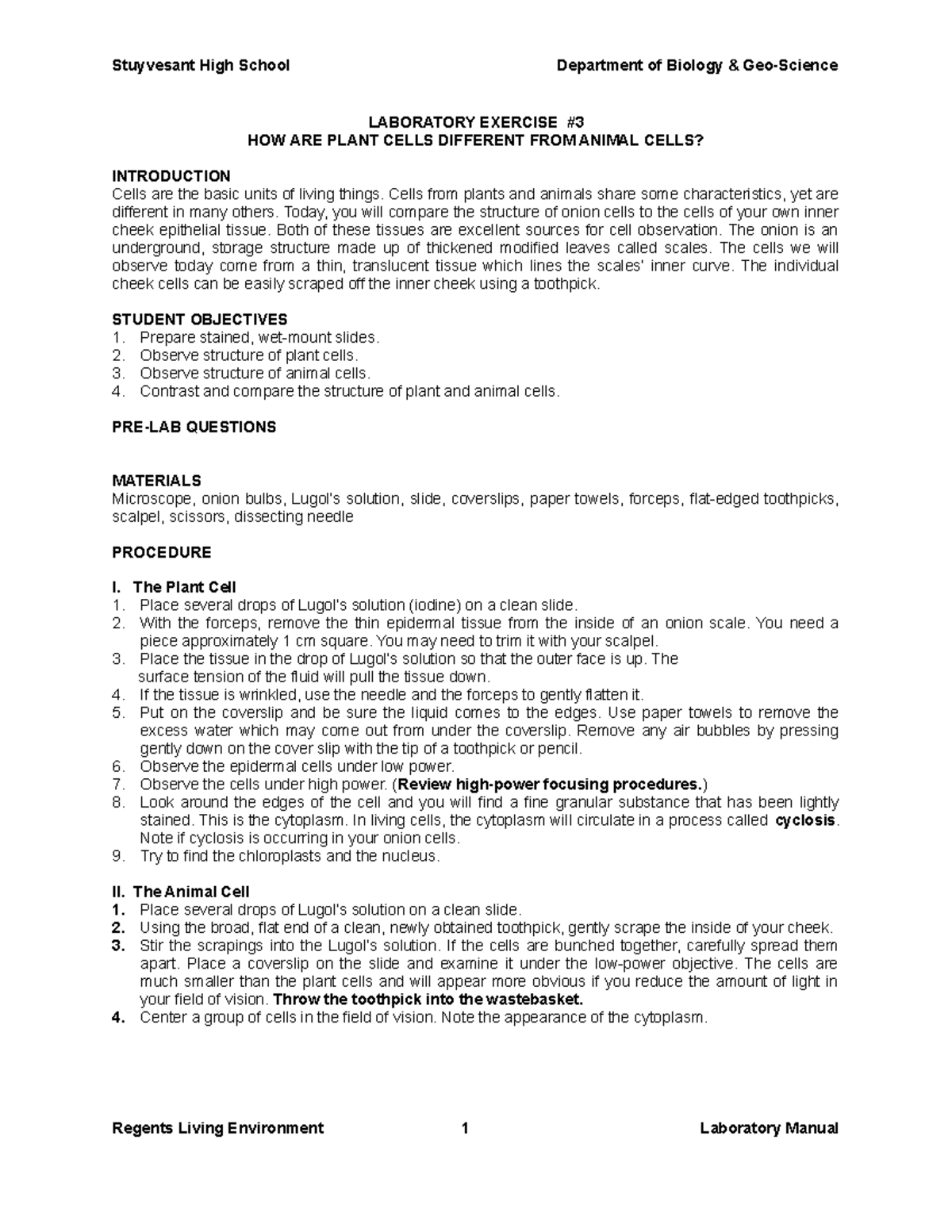 LAB 3 HOW ARE Plant Cells Different FROM Animal Cells - Stuyvesant High ...