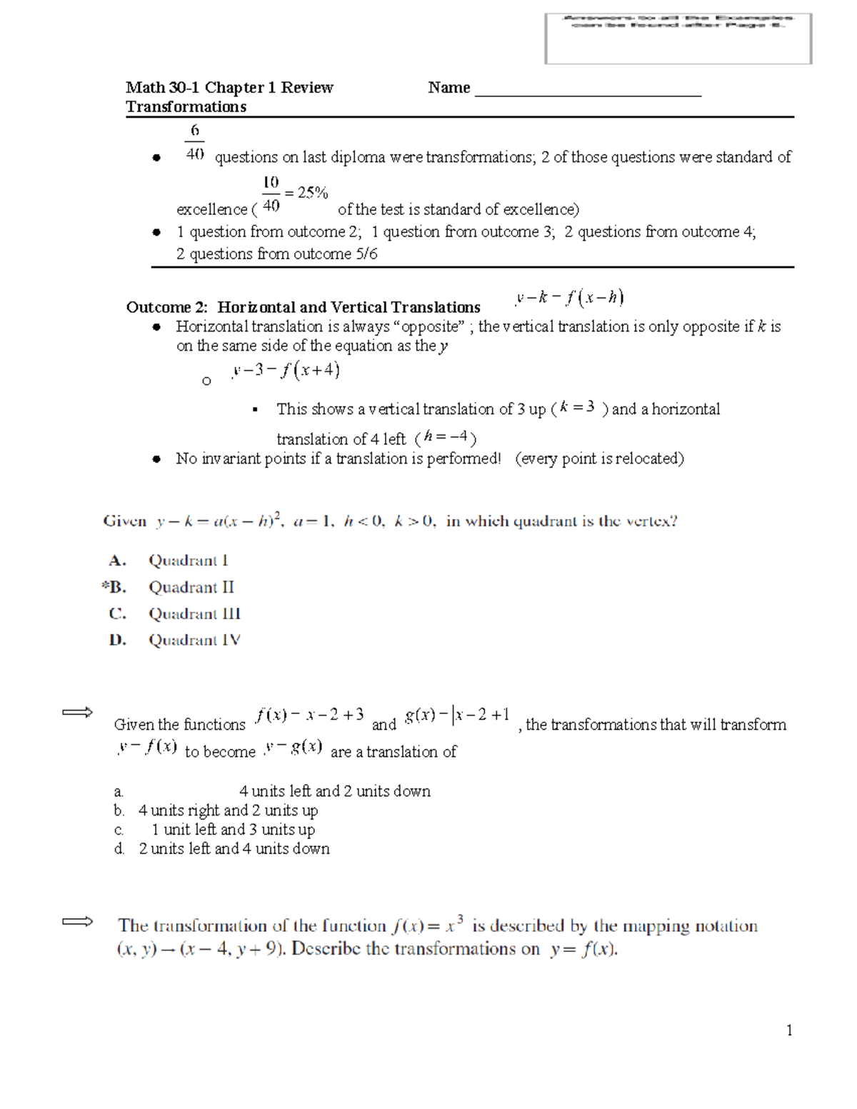 Transformations Final Review - Math 30-1 Chapter 1 Review Name ___________________________ - Studocu