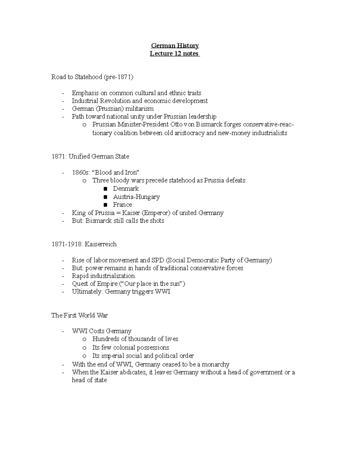 German History lecture 12 notes - German History Lecture 12 notes Road ...
