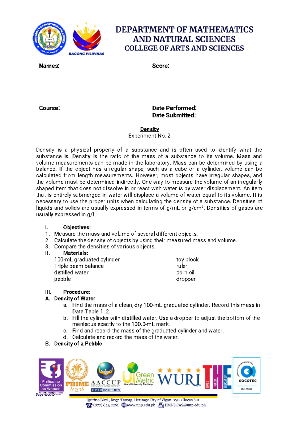 Density LAB 2 - academic essay about chemistry 102 - Names: Score: Course: Date Performed: Date ...