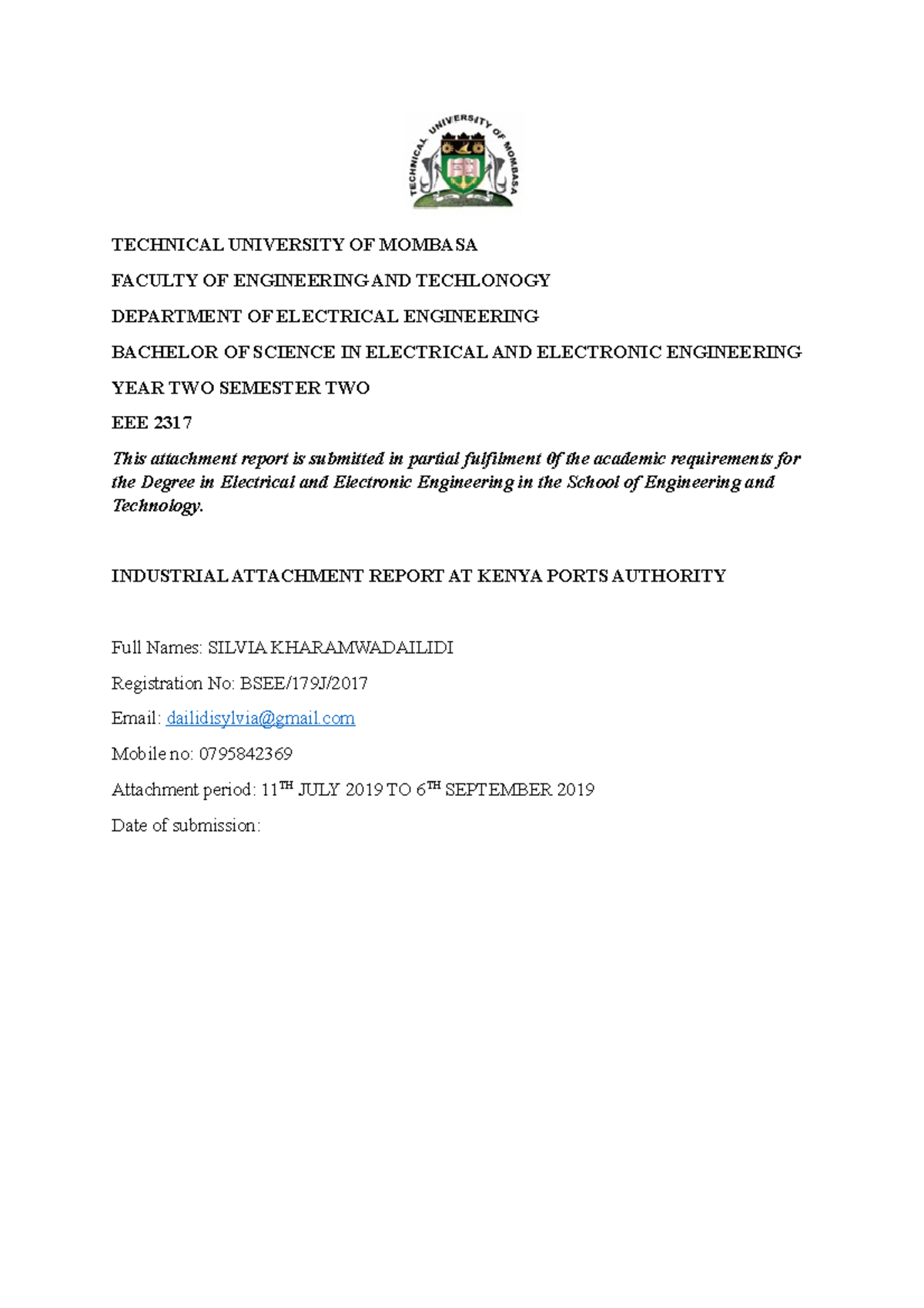 KPA ( Attachment Report) - TECHNICAL UNIVERSITY OF MOMBASA FACULTY OF ...