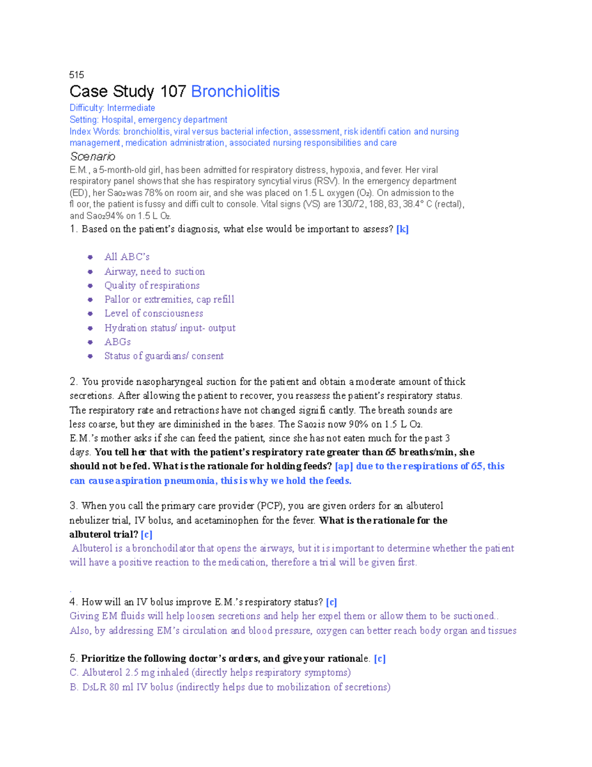 Bronchiolitis - 515 Case Study 107 Bronchiolitis Difficulty: Intermediate Setting: Hospital ...