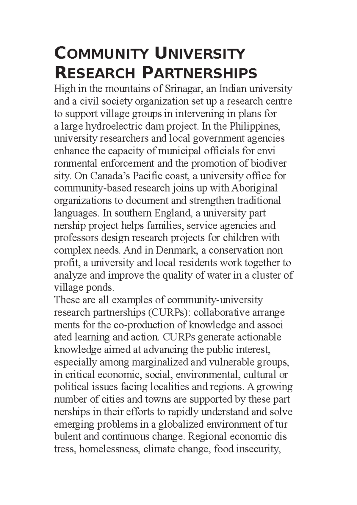 Community University Research Partnerships - COMMUNITY UNIVERSITY ...