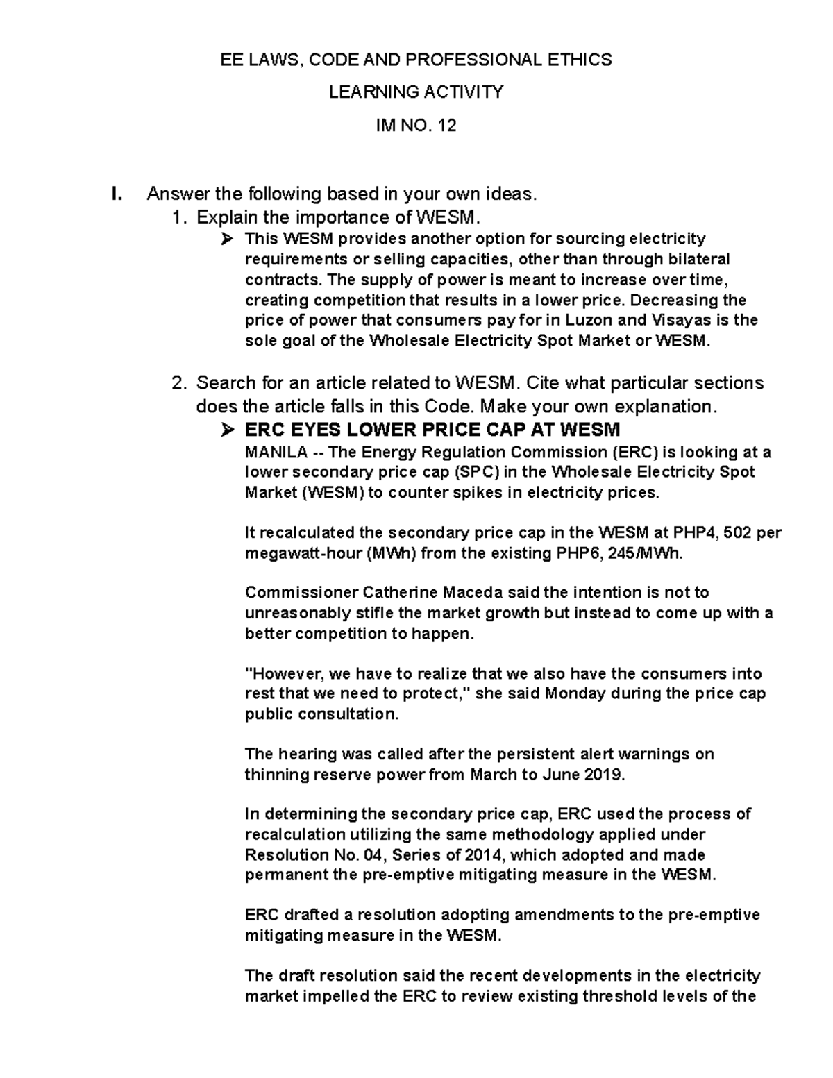 EE LAWS,CODE AND Ethics Learning Activity IM NO. 12 - EE LAWS, CODE AND ...