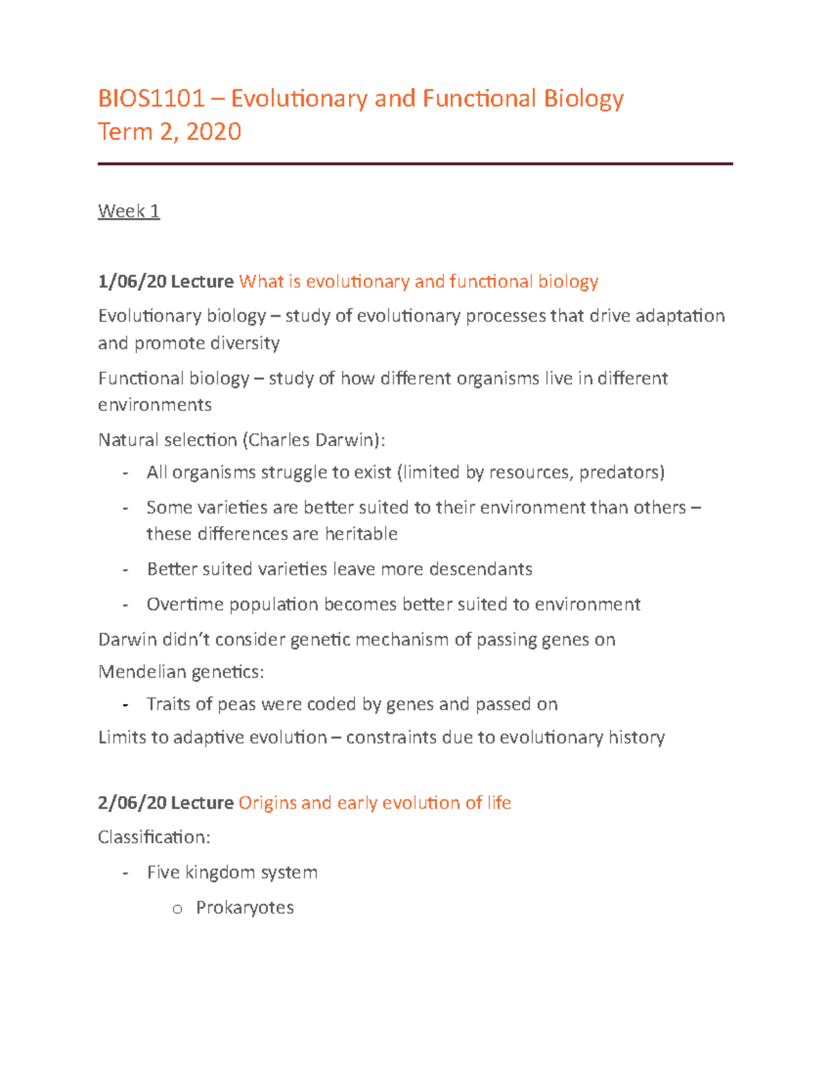 BIOS1101 - Full Lecture Class Notes Evolutionary and Functional Biology ...