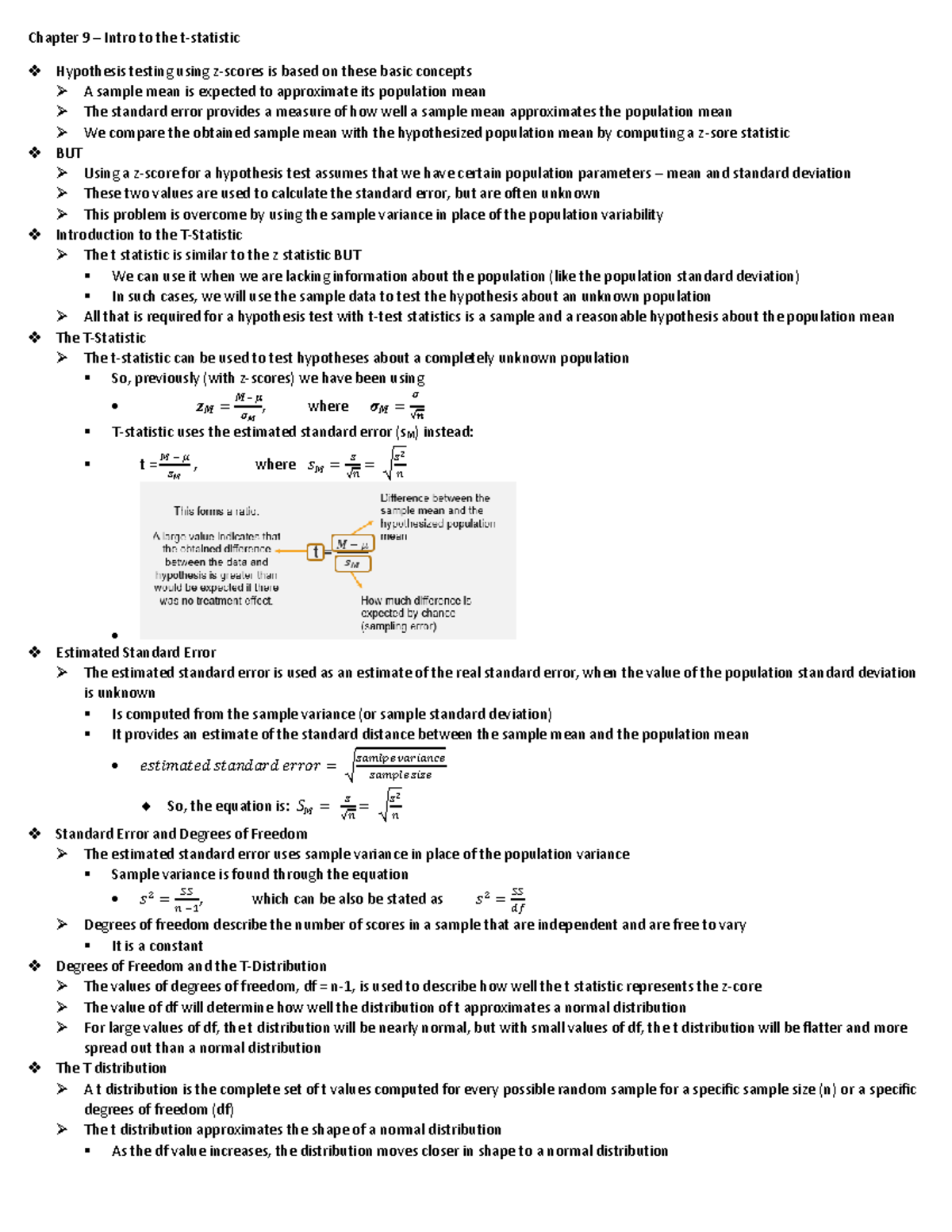 Chapter 9 - course taught by Kanza Khan - Chapter 9 – Intro to the t-statistic Hypothesis ...