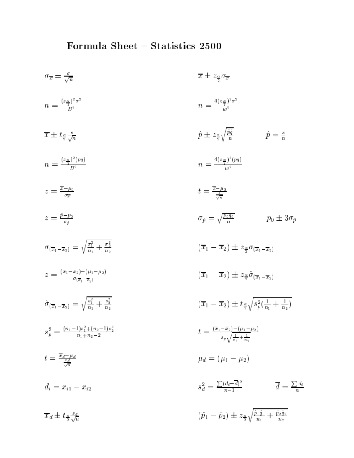 Formula sheet 2500 - Formula Sheet — Statistics 2500 0— —,, a _ J5 :L ...