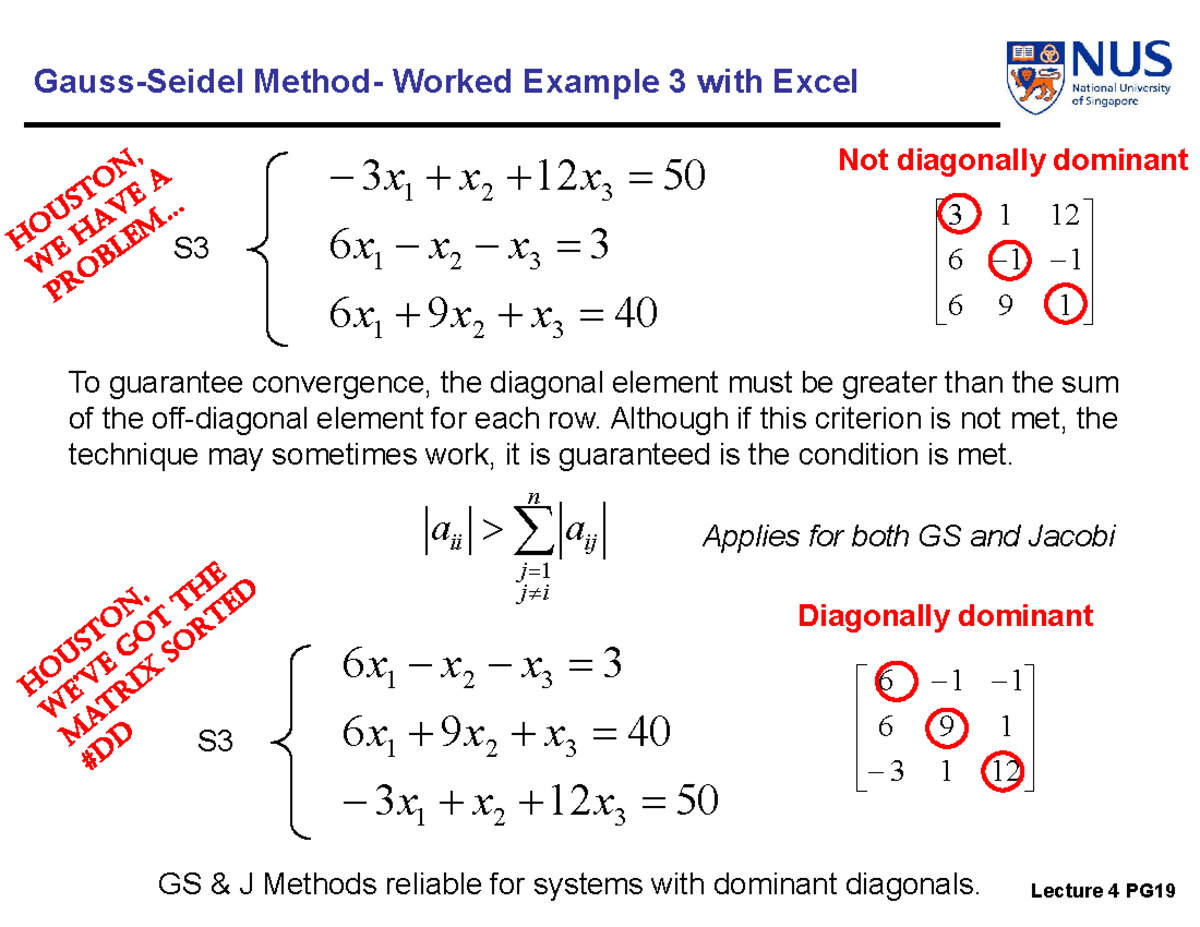 Diagonal Dominance Criterion for GS-J-SOR - Lecture 4 PG Diagonally dominant Gauss-Seidel Method ...