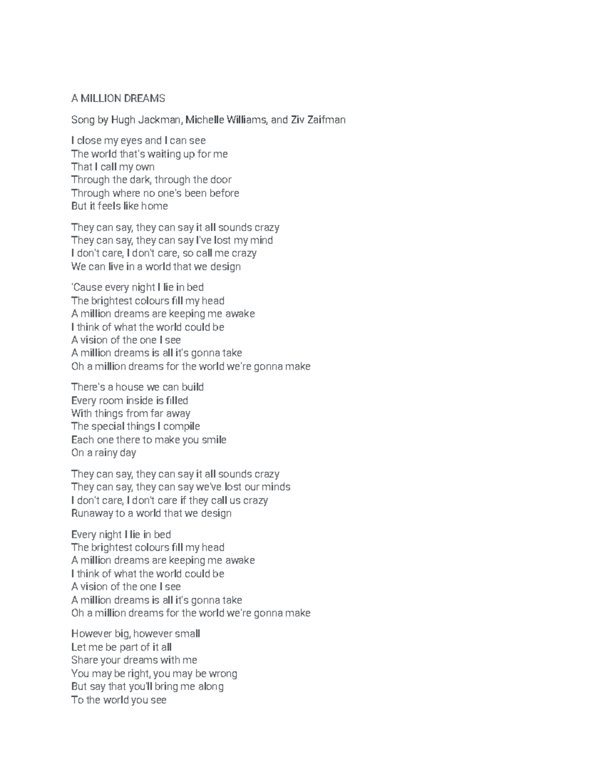 A Million Dreams Lyrics - A MILLION DREAMS Song by Hugh Jackman ...