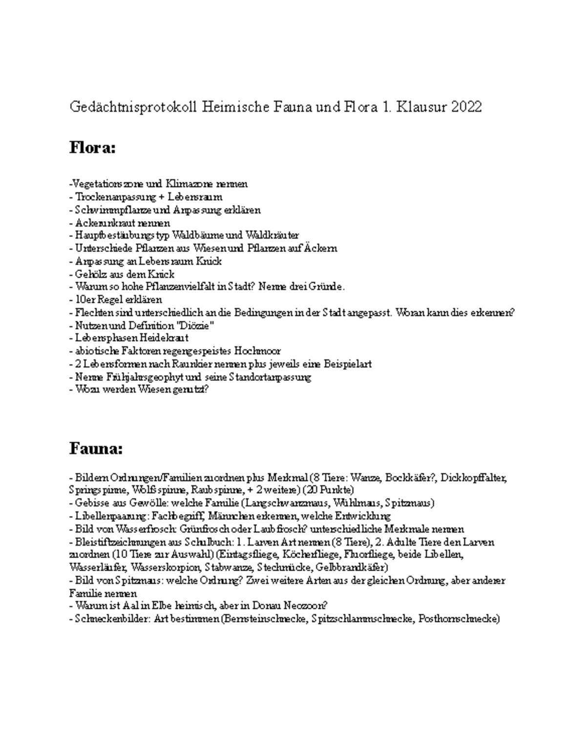 Gedächtnisprotokoll Heimische Fauna und Flora 2022 - Klausur 2022 Flora: -Vegetationszone und ...
