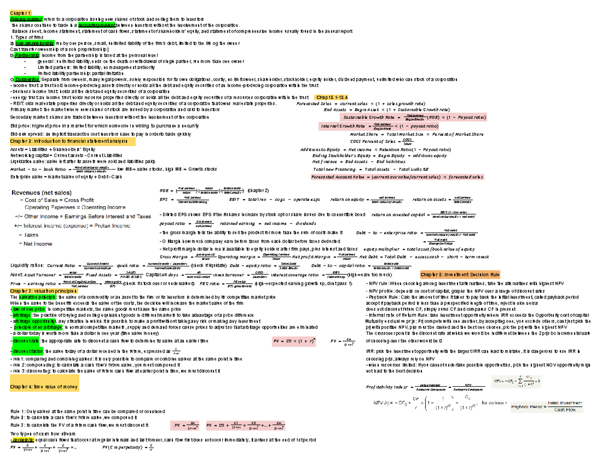 Finance cheat sheet - Chapter 1: Primary market: refers to a ...