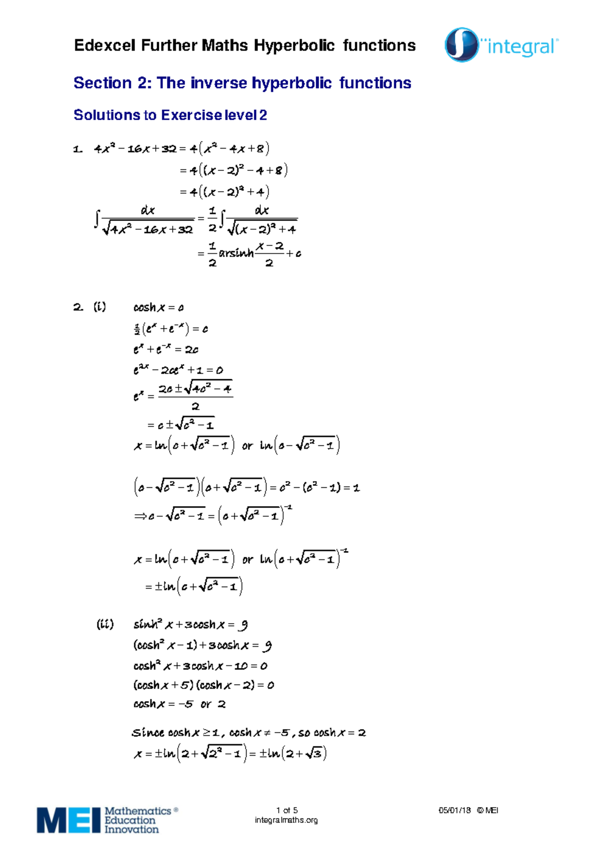 Hyperbolic Functions FM Exercise 2 Solutions - ####### Edexcel Further Maths Hyperbolic ...
