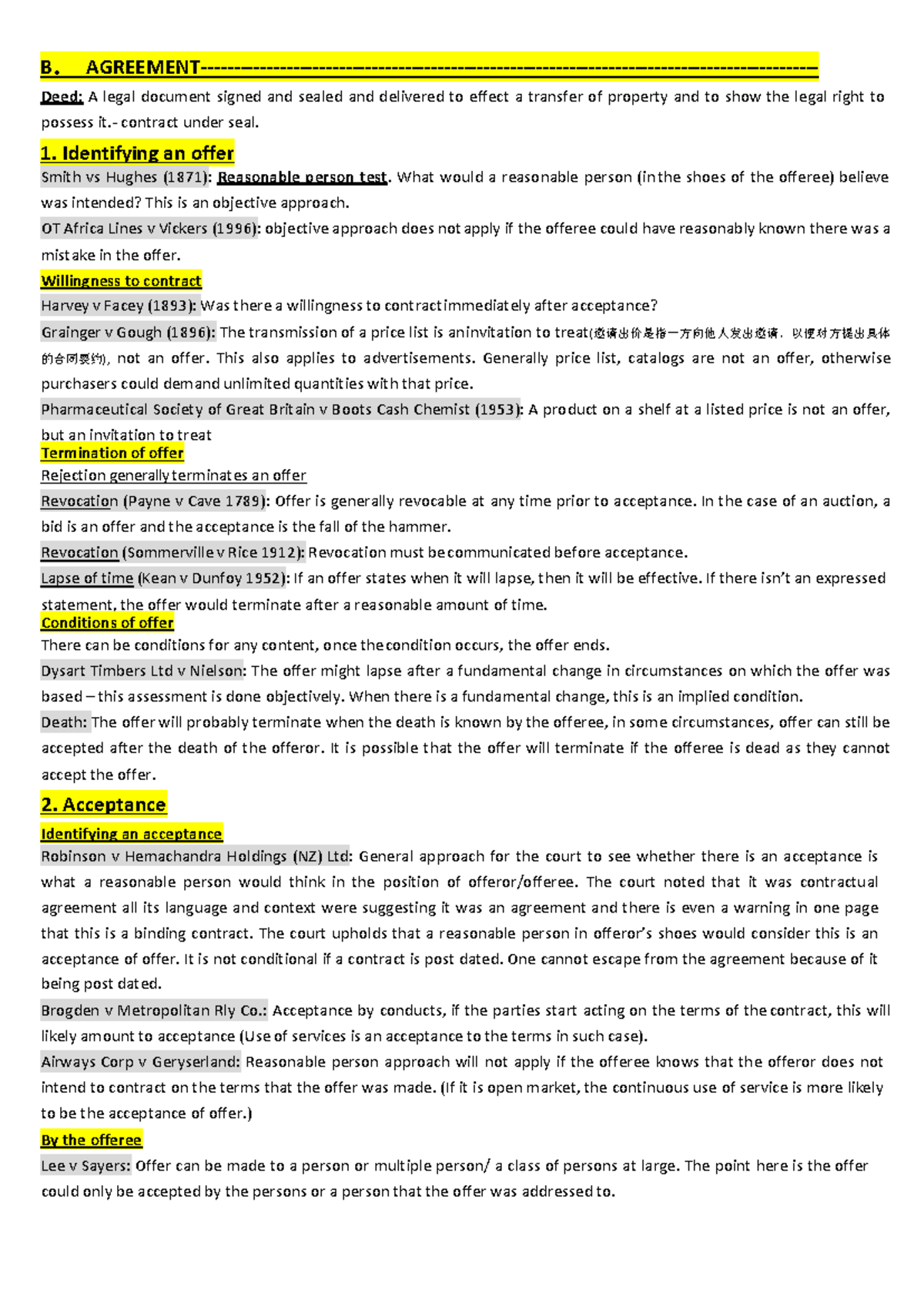 Final 1 - cheat sheet - B． AGREEMENT- Deed: A legal document signed and ...