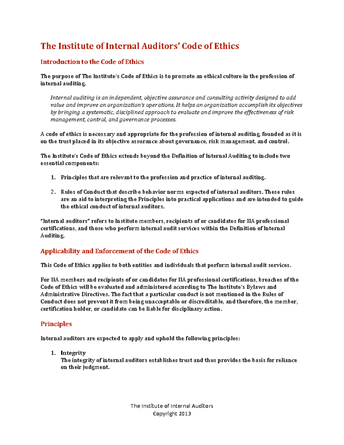 IIA Code of Ethics - The Institute of Internal Auditors Copyright 2013 ...