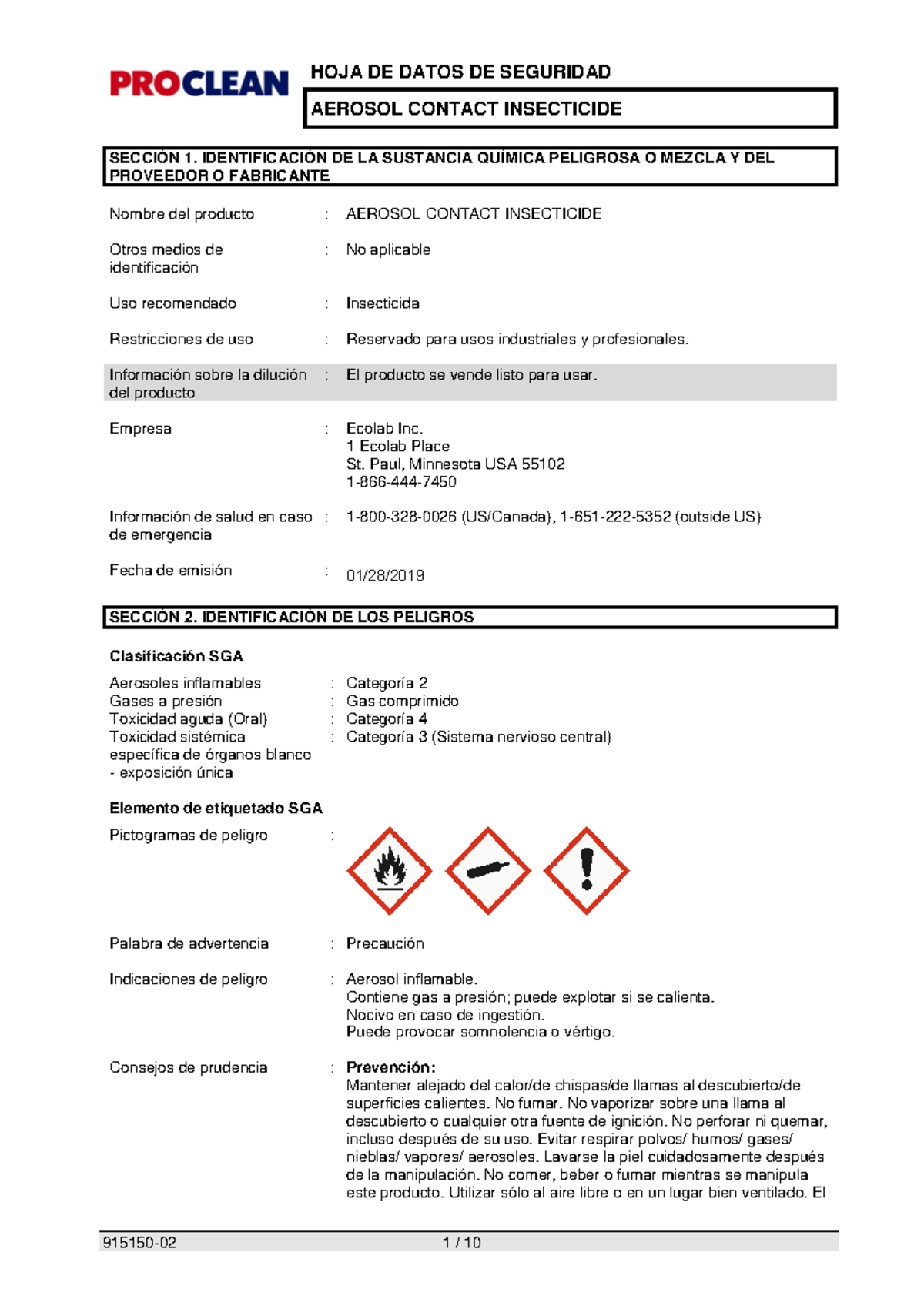US-1X-915150-02- Aerosol Contact Insecticide ( Proclean) - AEROSOL CONTACT INSECTICIDE SECCIÓN 1 ...