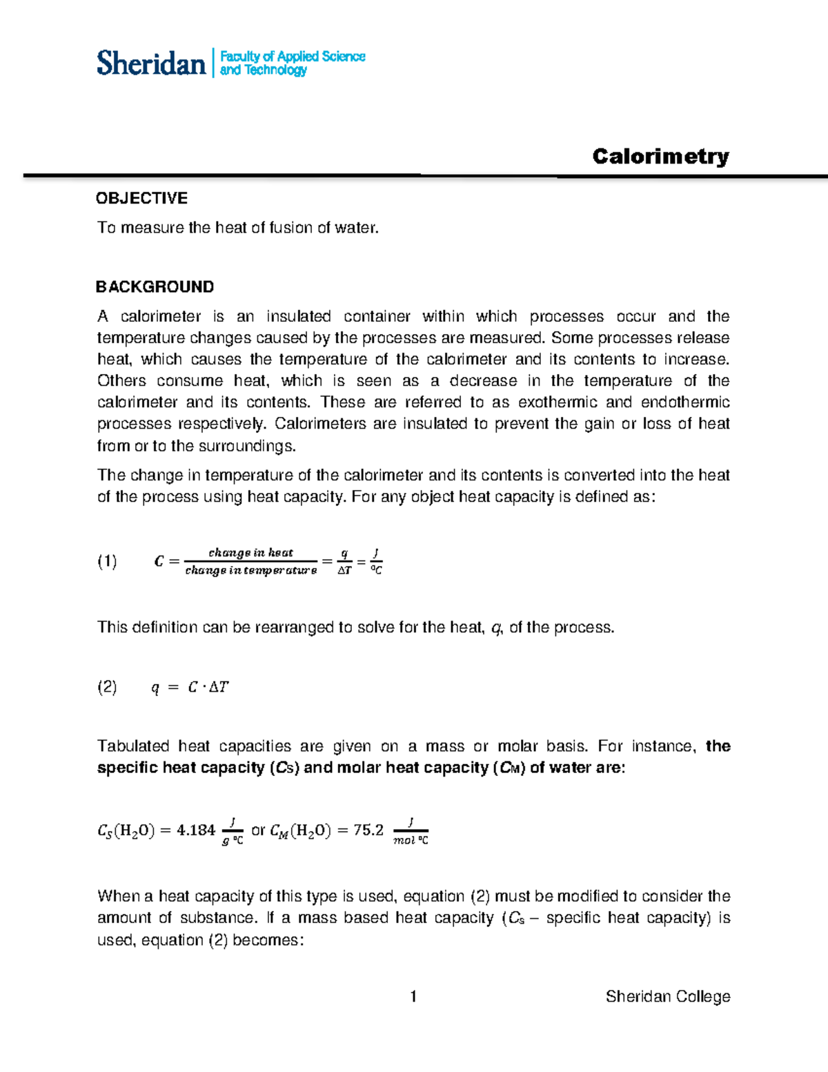 Calorimetry Fusion 1 - Lab Report - 1 Sheridan College Calorimetry ...