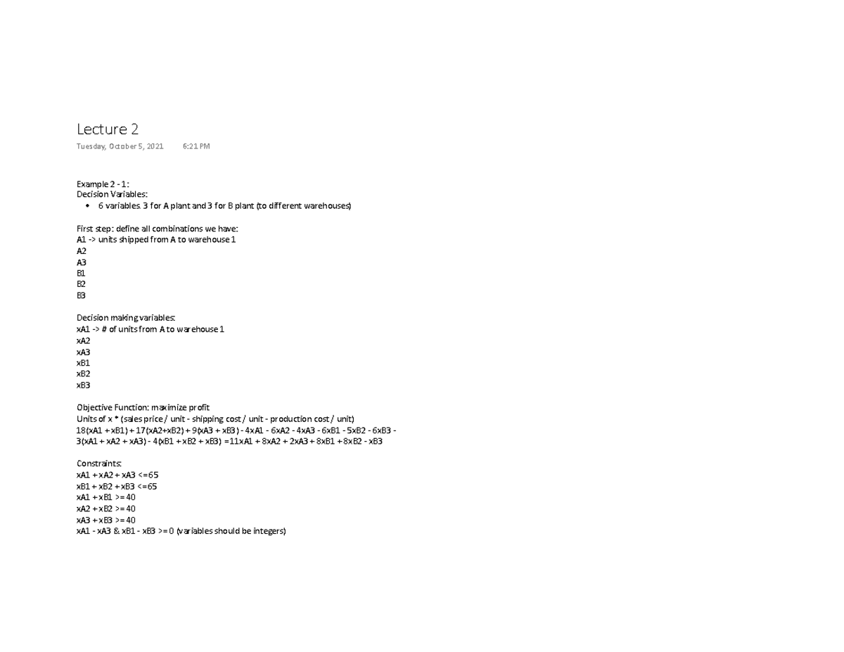 Lecture 2 - Instructor: Shi Chen - Example 2 - 1: Decision Variables ...