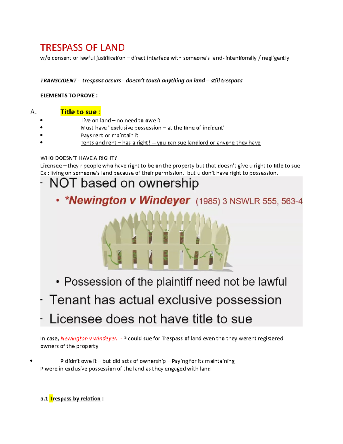 Trespass OF LAND - Lecture notes 2 - TRESPASS OF LAND w/o consent or ...