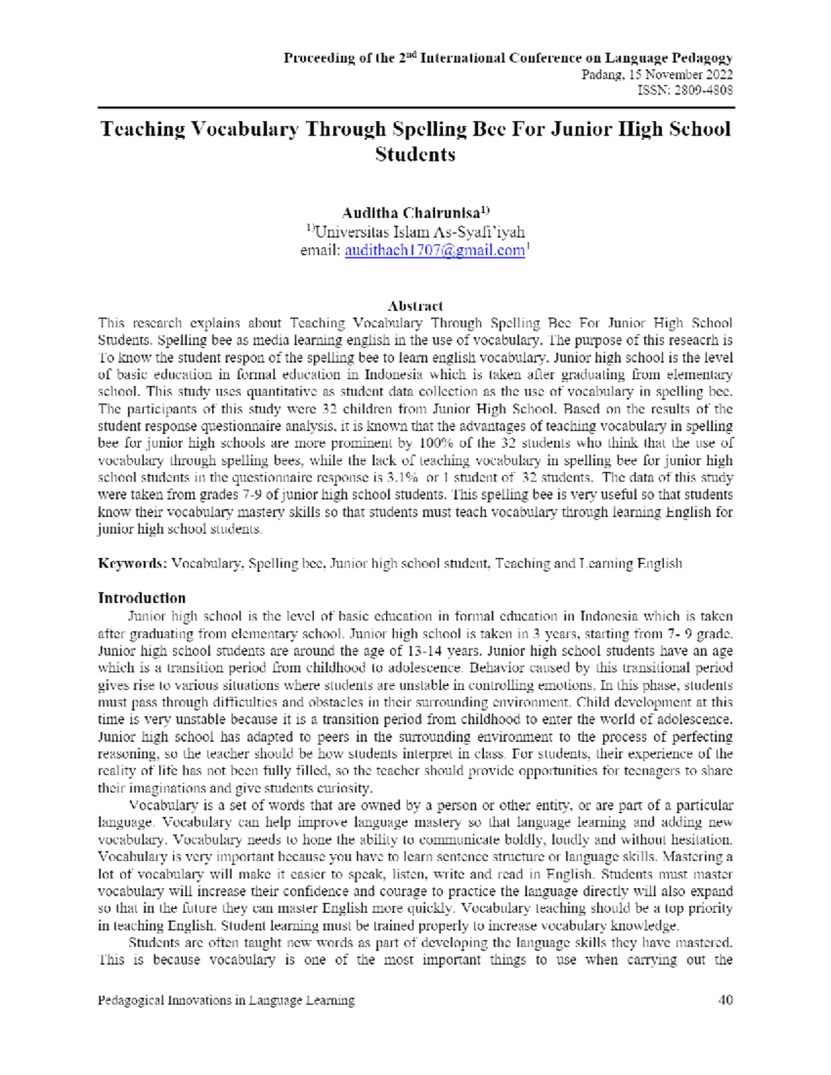 Teaching Vocabulary Through Spelling Bee For Junior High School