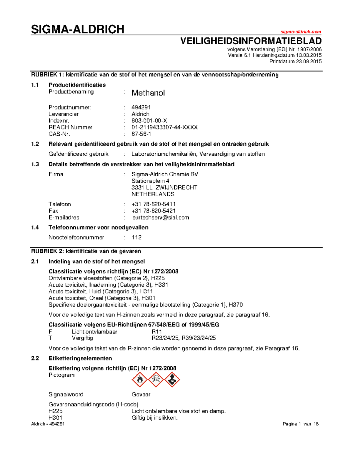 MSDS Methanol - SIGMA-ALDRICH sigma-aldrich VEILIGHEIDSINFORMATIEBLAD ...