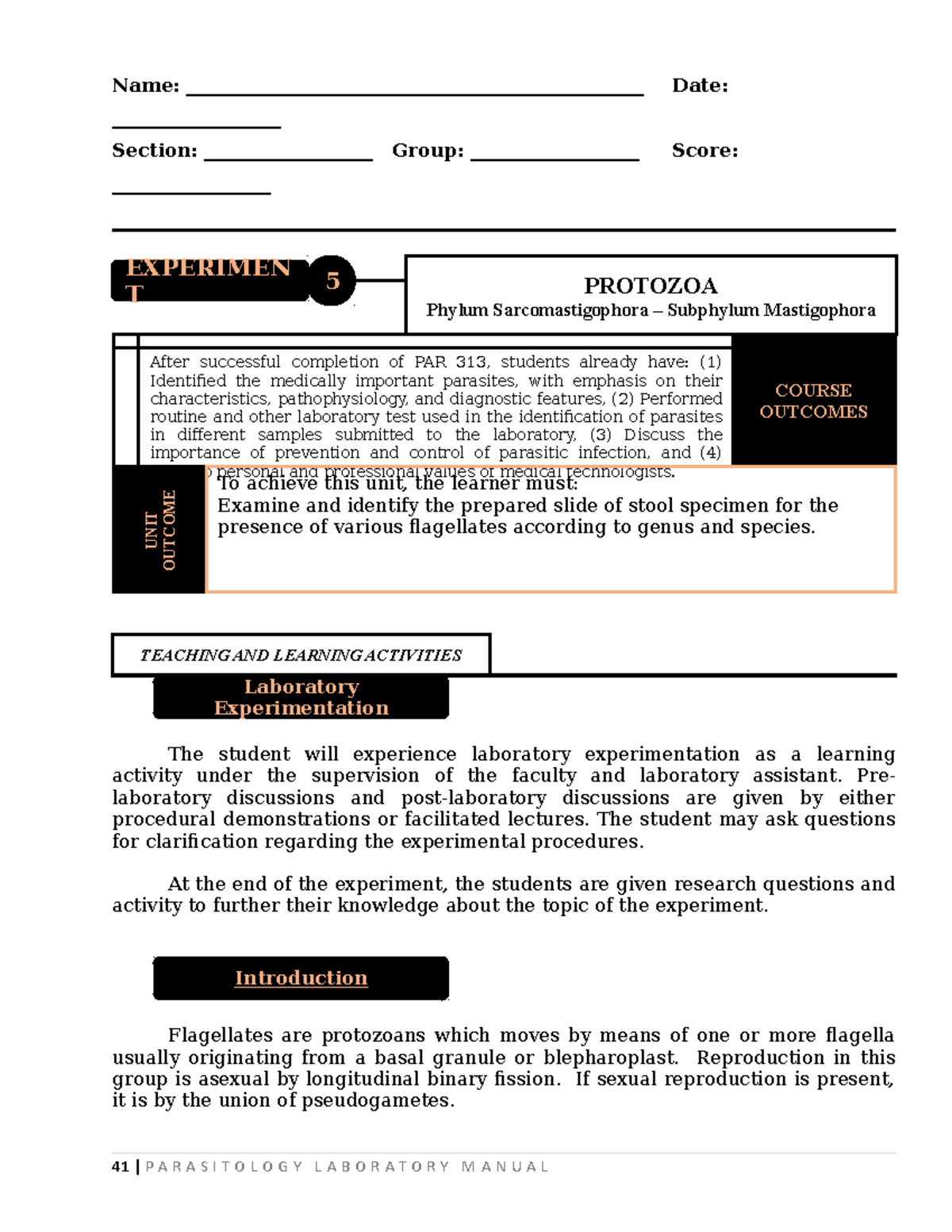 Experiment 5 Protozoa Sarcomastigophora - Subphylum Mastigophora ...