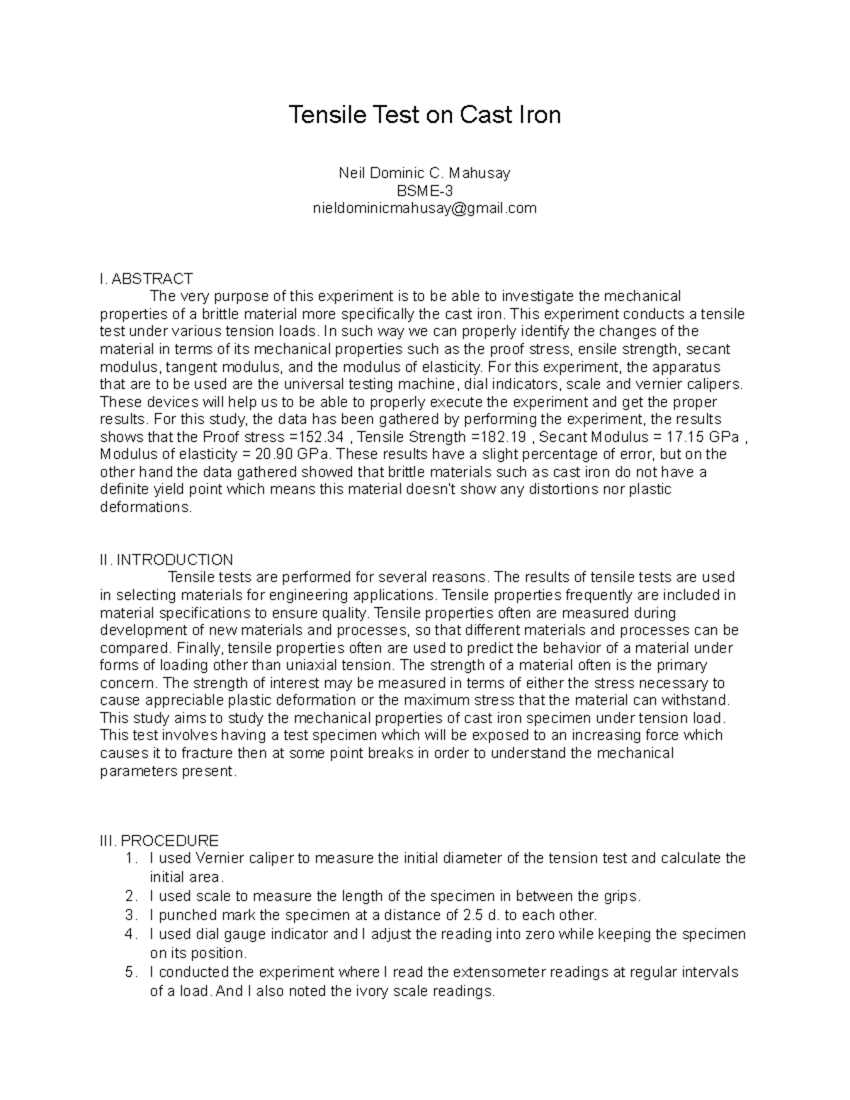 Tensile TEST ON CAST IRON - Tensile Test on Cast Iron Neil Dominic C ...