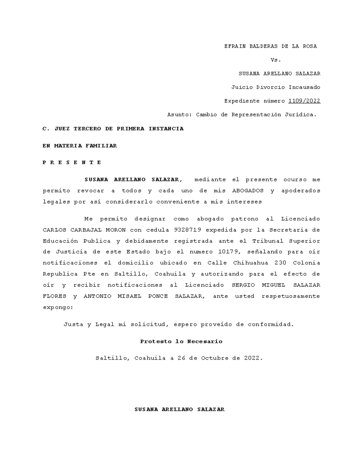 Cambio de abogado Susana - EFRAIN BALDERAS DE LA ROSA Vs. SUSANA ...