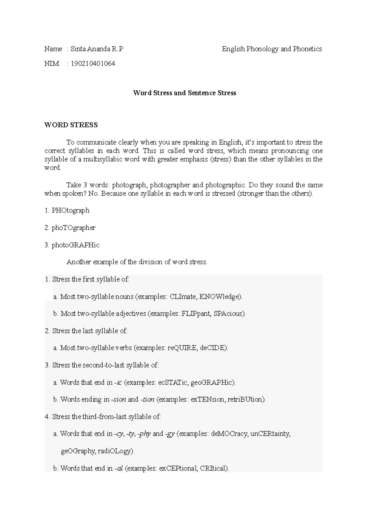 Word Stress and Sentence Stress - Name : Sinta Ananda R English ...