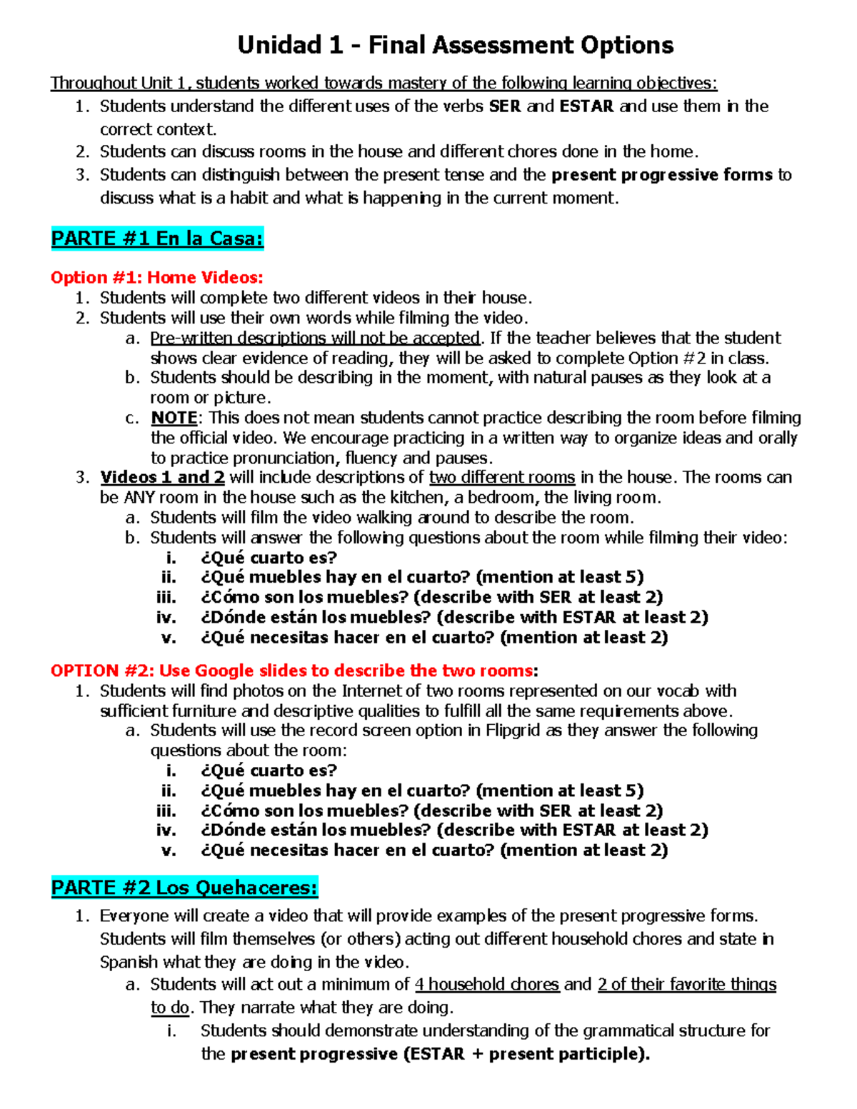 2-U1 -Final Assessment - En la casa Los Quehaceres - Unidad 1 - Final ...