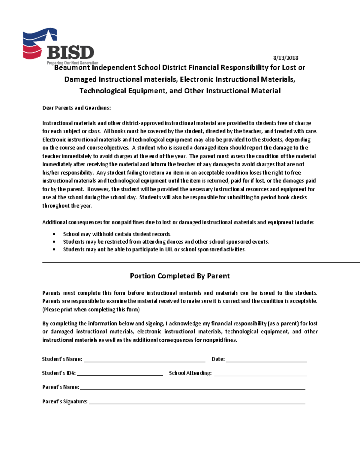 Instructional Materials Acknowledgement - 8/13/ Beaumont Independent School District Financial ...