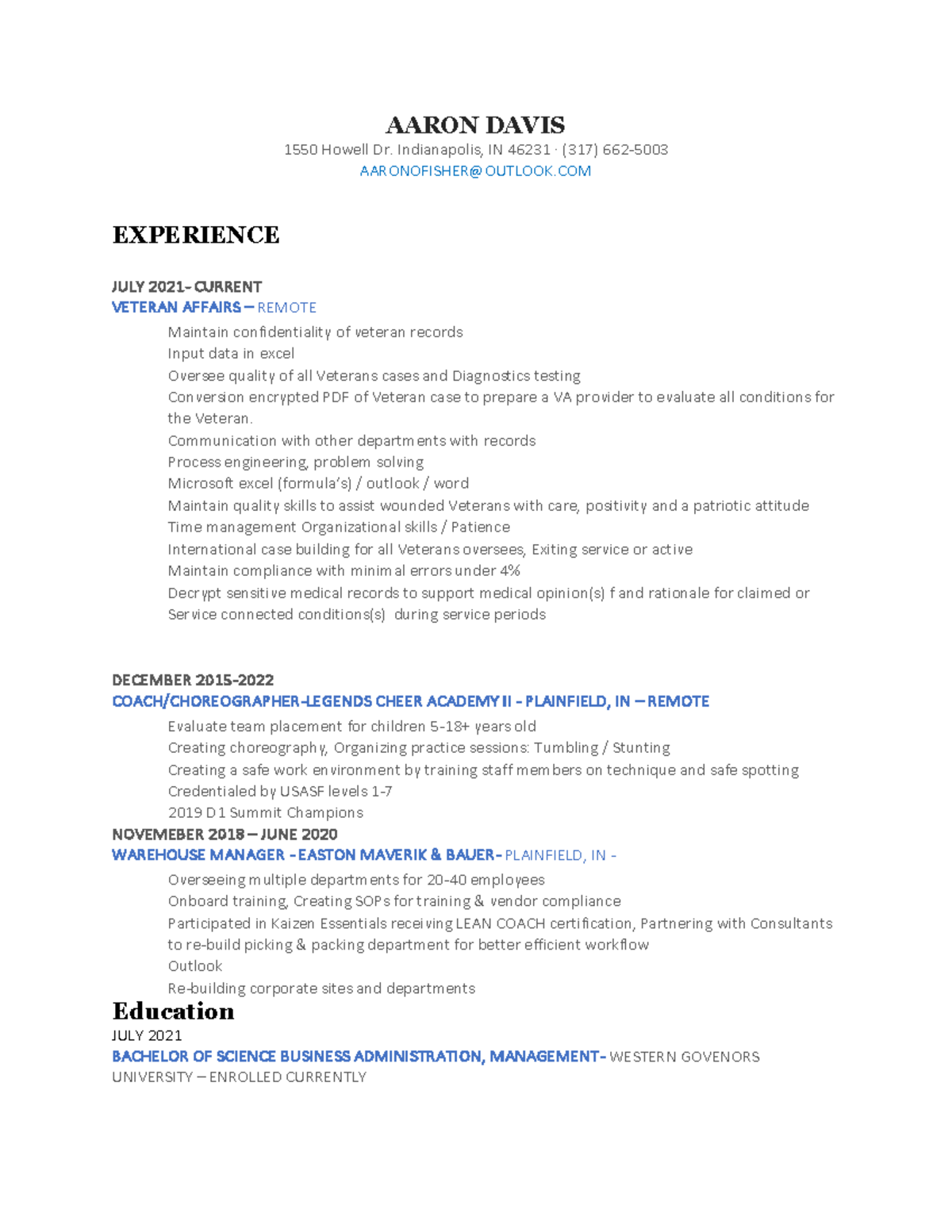 Aaron Resume 2024 - N/A - AARON DAVIS 1550 Howell Dr. Indianapolis, IN ...