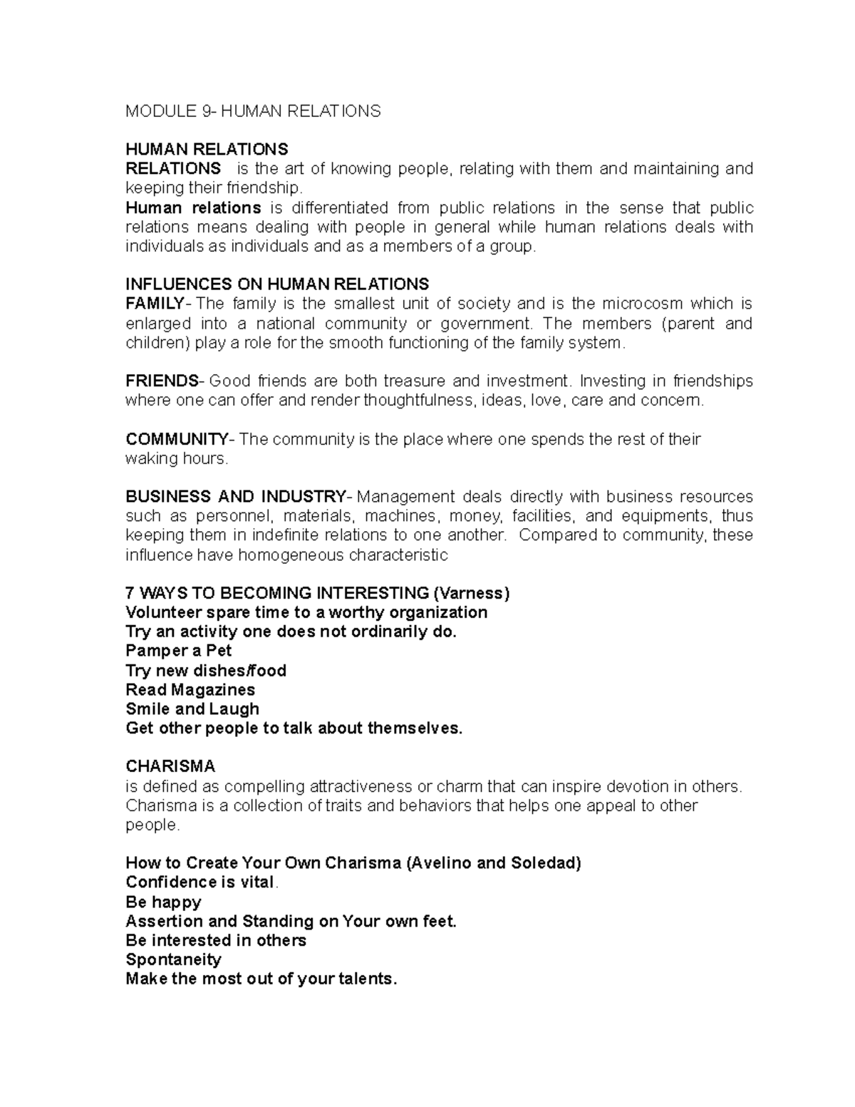 Module 9,10,11,12 - n./a - MODULE 9- HUMAN RELATIONS HUMAN RELATIONS ...