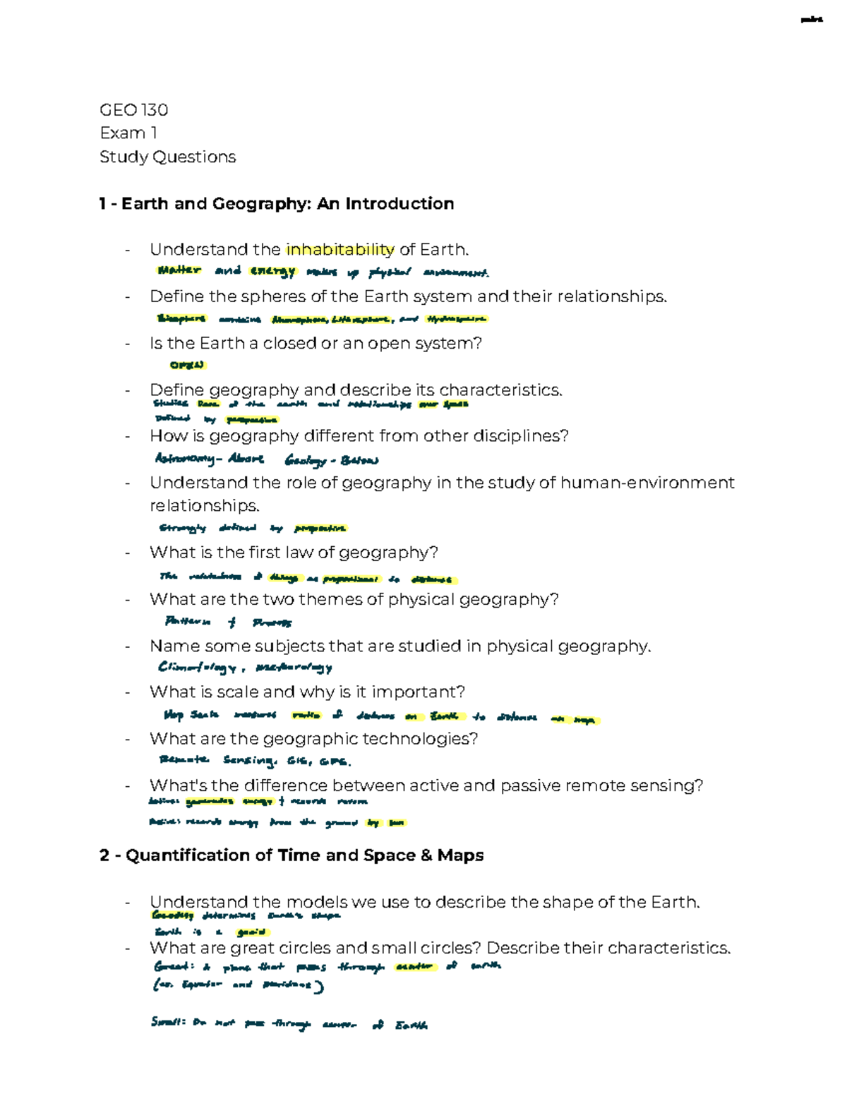 GEO 130 Exam 1 Study Questions - Define the spheres of the Earth system ...