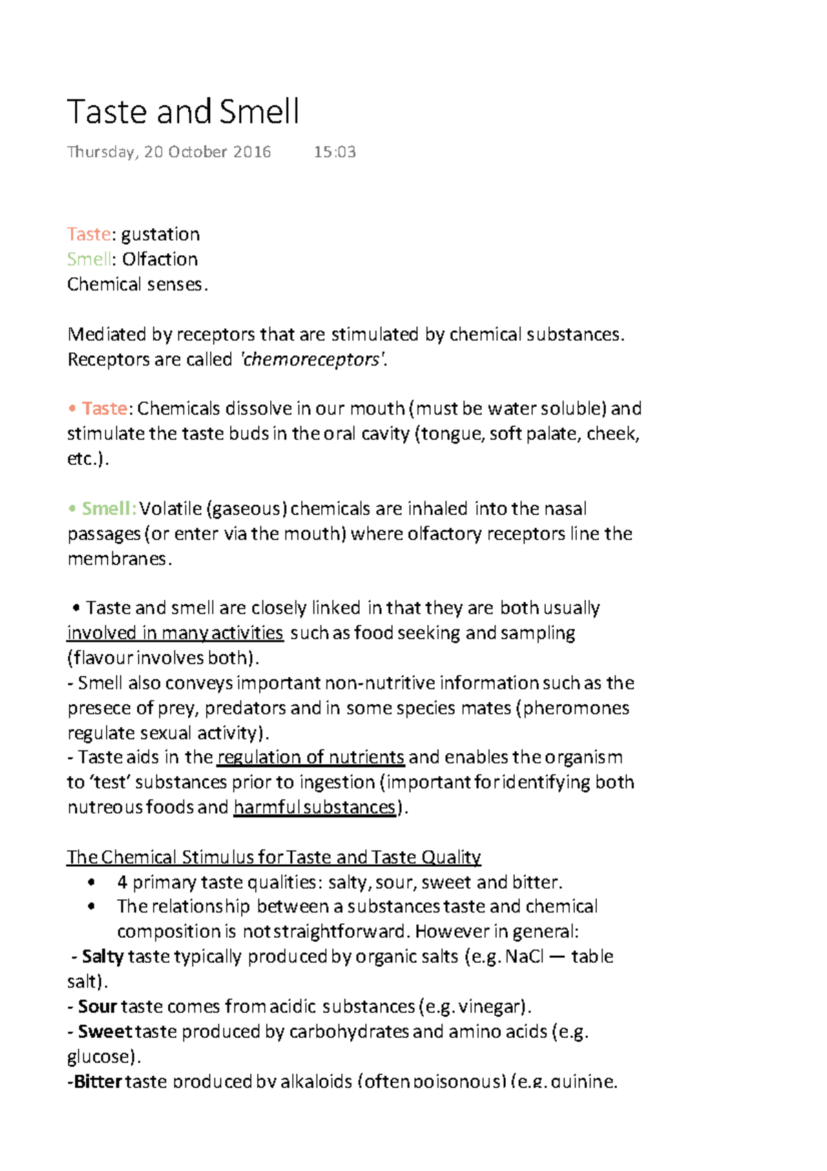 Taste and Smell - Lecture note 1-12 - Taste and Smell Thursday, 20 ...