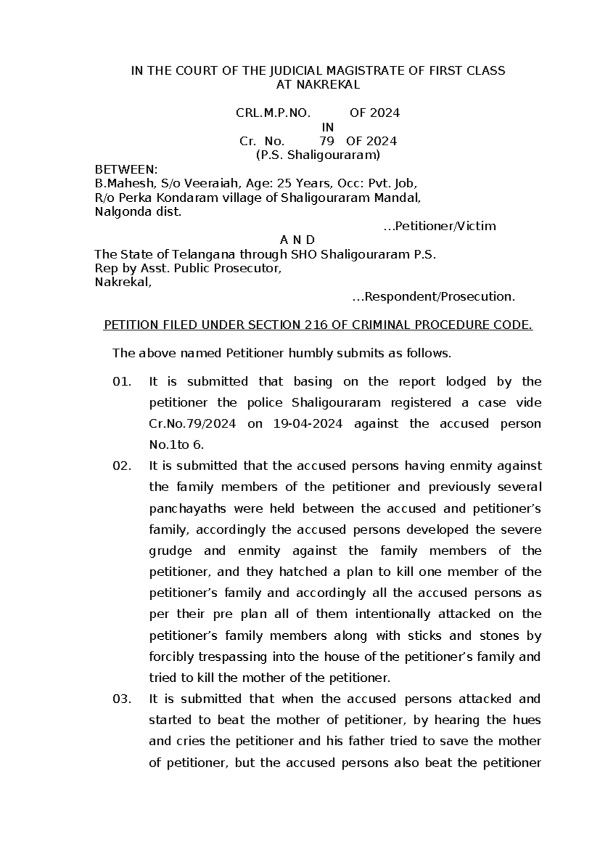 Pet 216 Cr - IN THE COURT OF THE JUDICIAL MAGISTRATE OF FIRST CLASS AT ...