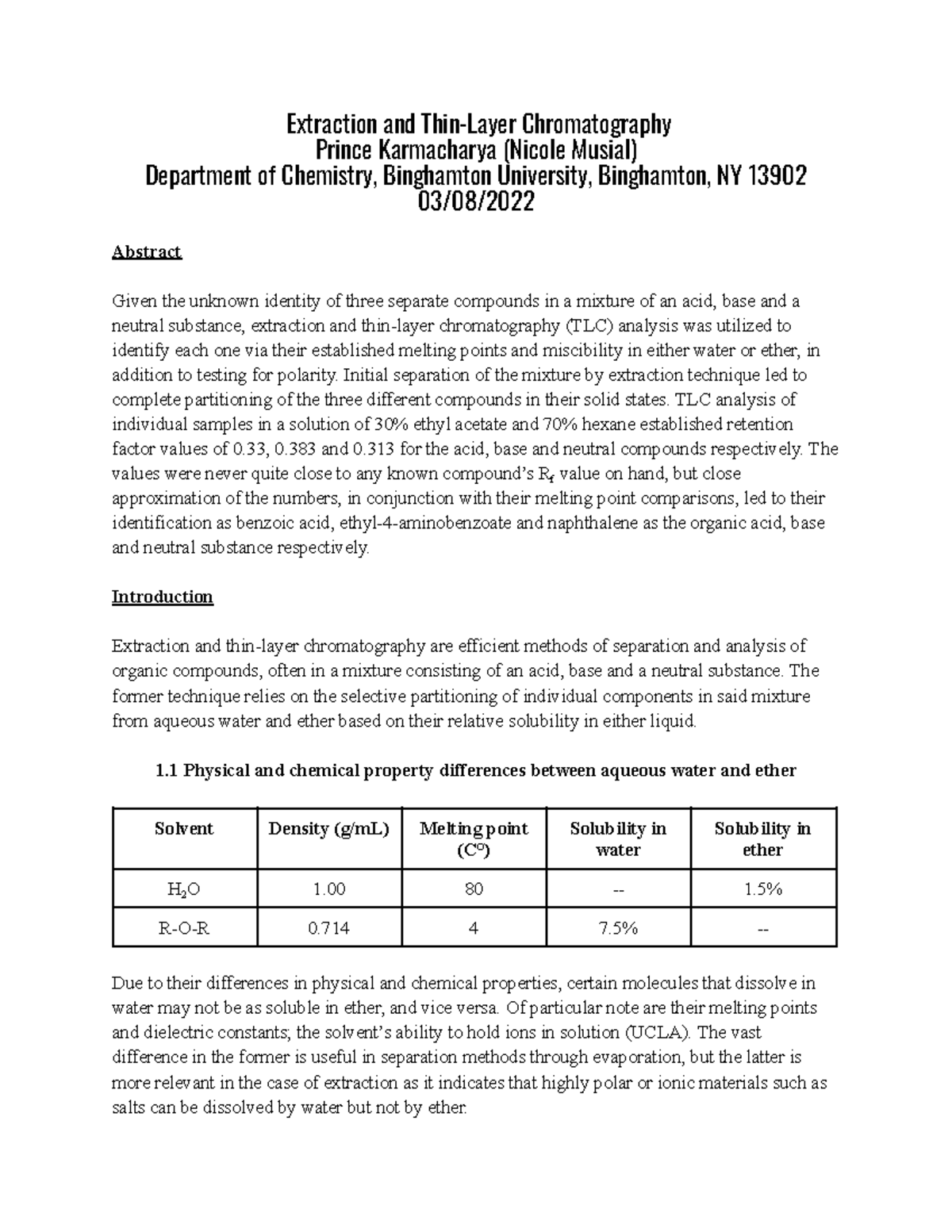 Extraction and TLC lab report - Extraction and Thin-Layer ...