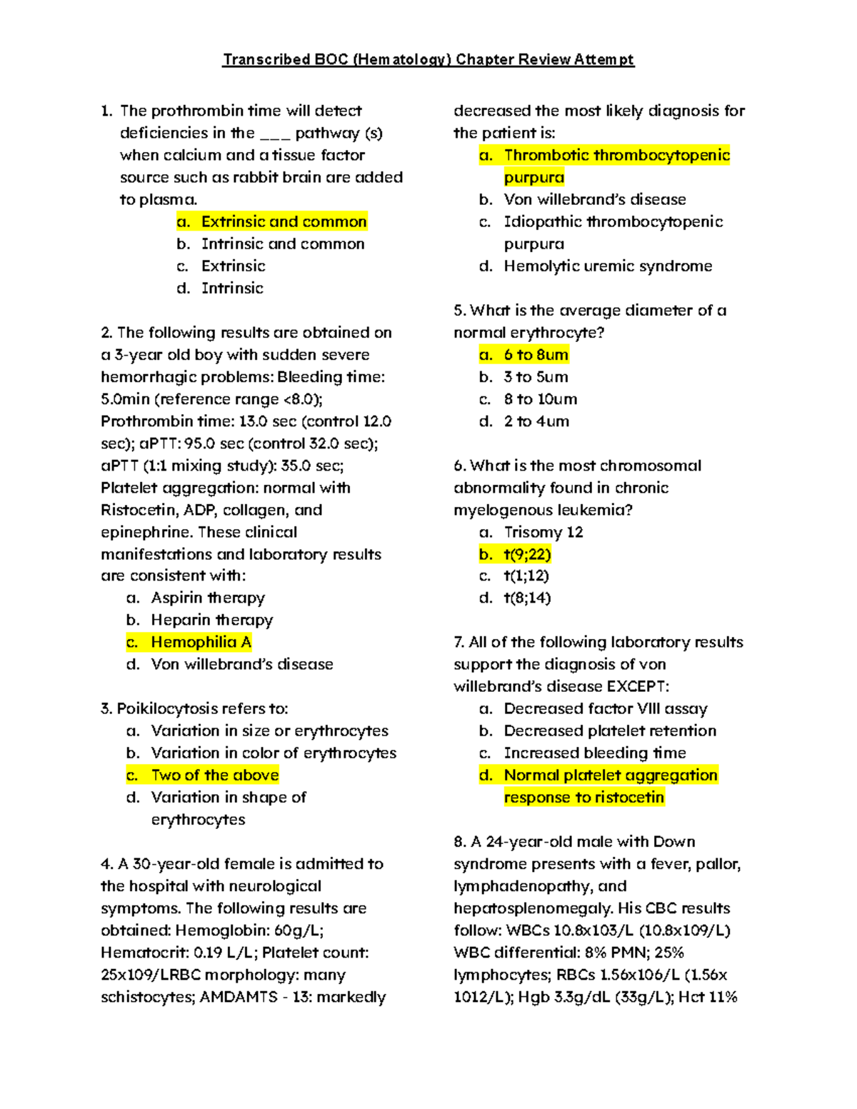 Transcribed BOC (Hematology) Chapter Review Attempt - The prothrombin ...