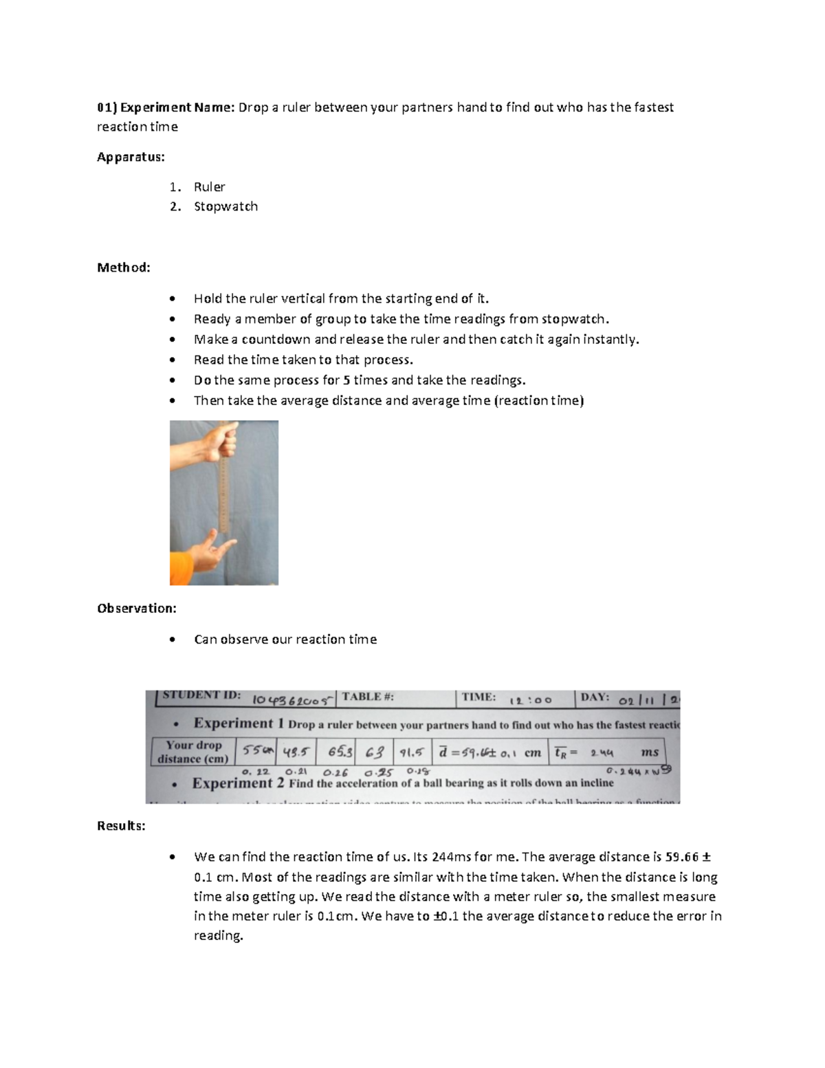 Lab report 1 - motion amd diamentions - Experiment Name: Drop a ruler ...