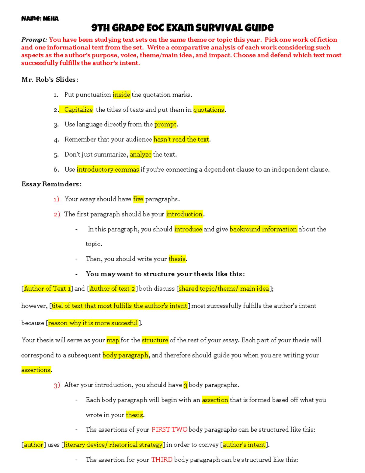 EOC Exam Survival Guide Notes - Name: NEha 9th Grade EOC Exam Survival ...