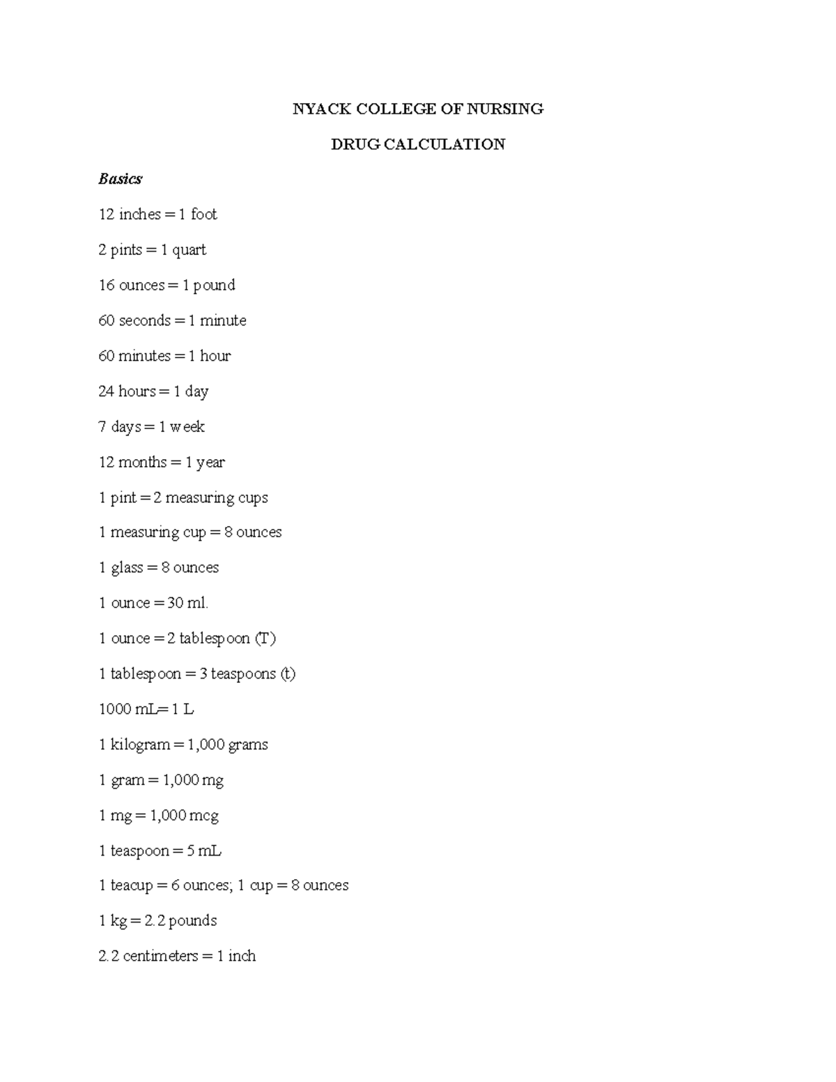 Formulas Nursing Dosage Calc NYACK COLLEGE OF NURSING DRUG