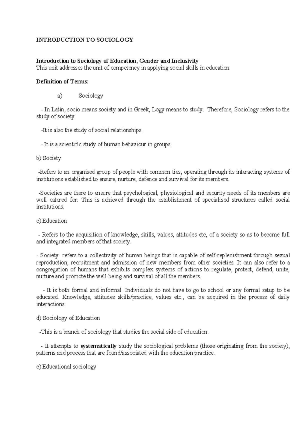 Introduction TO Sociology - INTRODUCTION TO SOCIOLOGY Introduction to Sociology of Education ...