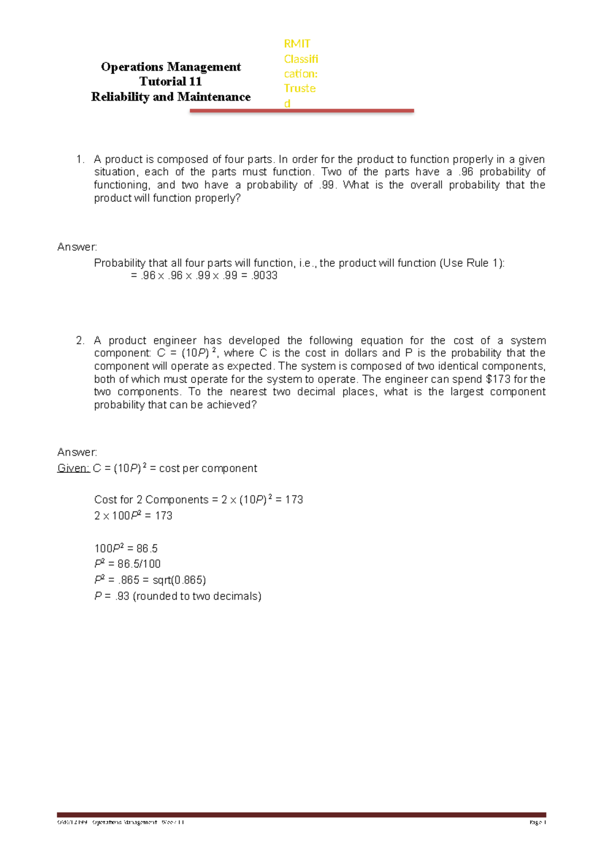 Answer to Operations Management W11-1 - Classifi cation: Truste d Operations Management Tutorial ...