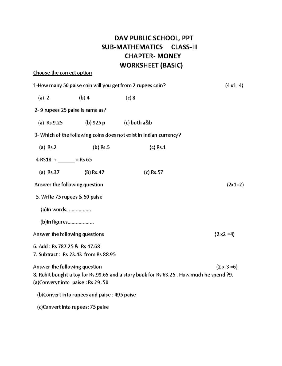 Class 3 Money Marksheet - DAV PUBLIC SCHOOL, PPT SUB-MATHEMATICS CLASS ...